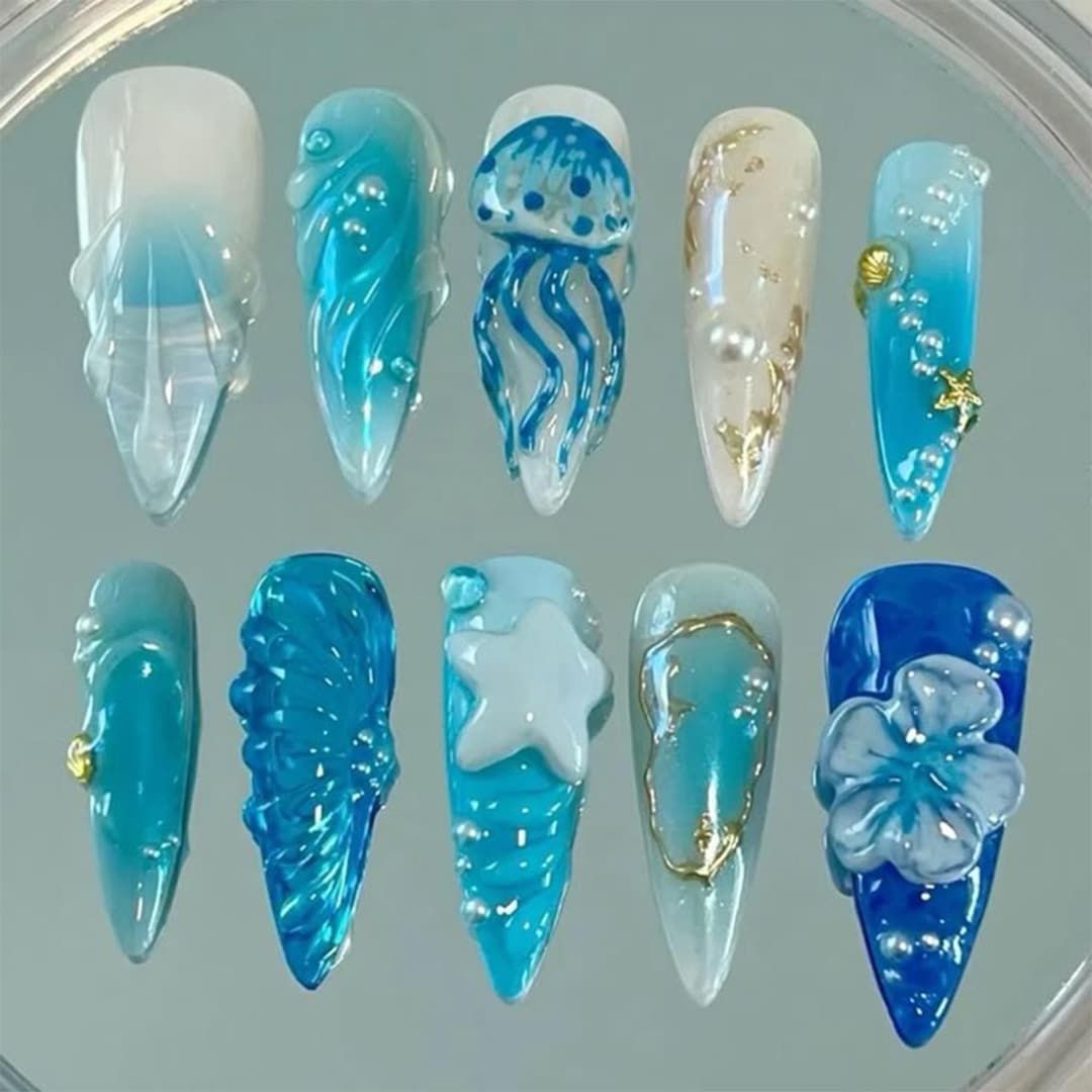 Ocean Fantasy Press on Nails | 3D Jellyfish Starfish & Shells ...