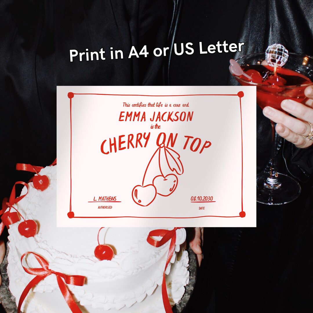 Whimsical Cherry Certificate: DIY Printable Gift, Editable Canva ...