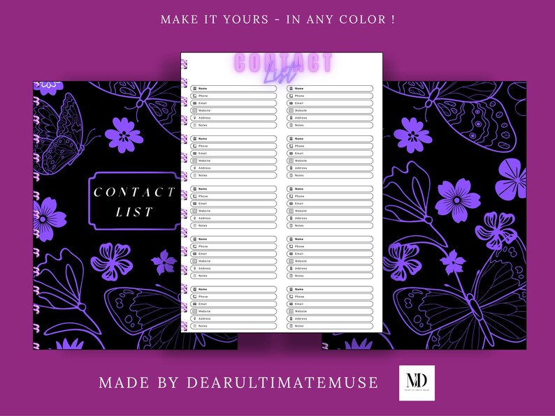 Printable Contact List | Name, Phone, Email, Website, Notes | Digital ...