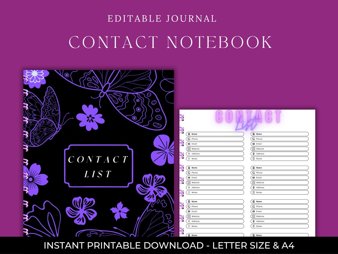 Printable Contact List | Name, Phone, Email, Website, Notes | Digital ...