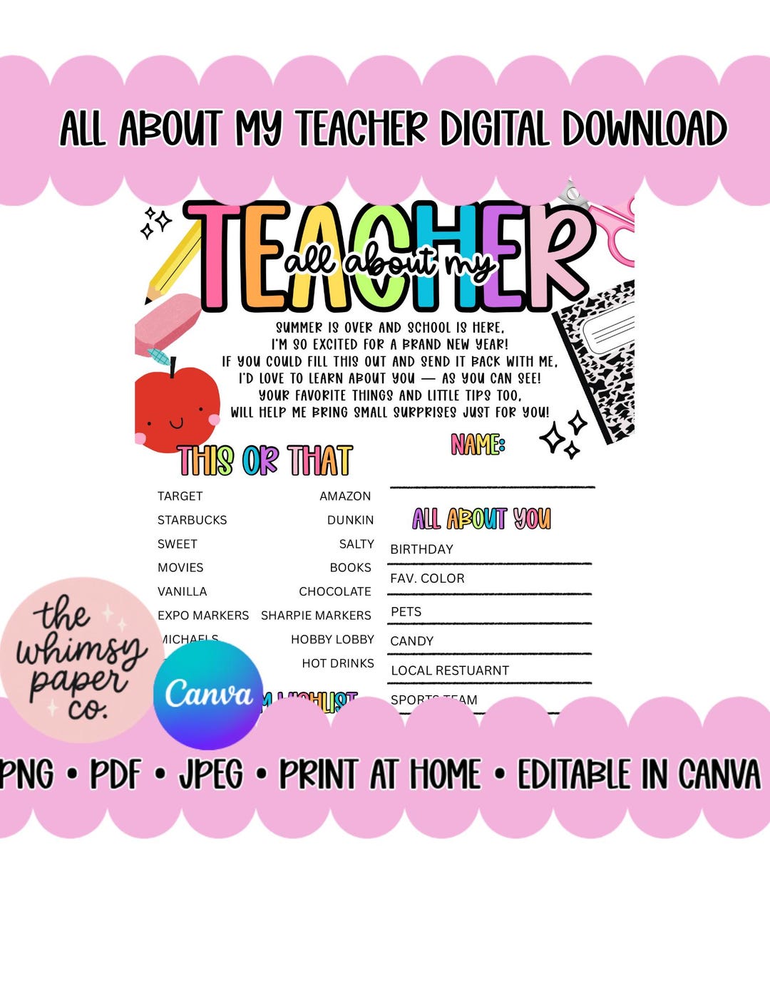Teacher Favorites Printable: First Day of School Gift, Editable Canva ...