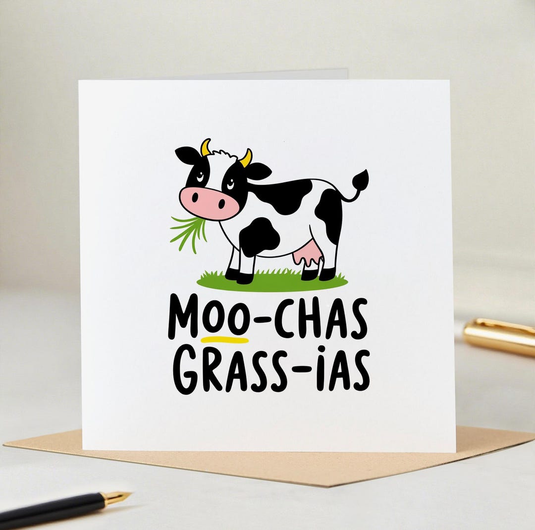 Funny Thank You Card, Moo-chas Grass-ias, Muchas Gracias, Personalised ...