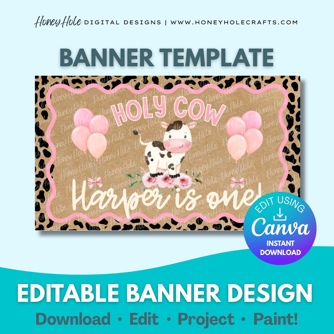 Holy Cow Birthday Template | Cow Print, Squiggle Border, Pink Girly ...