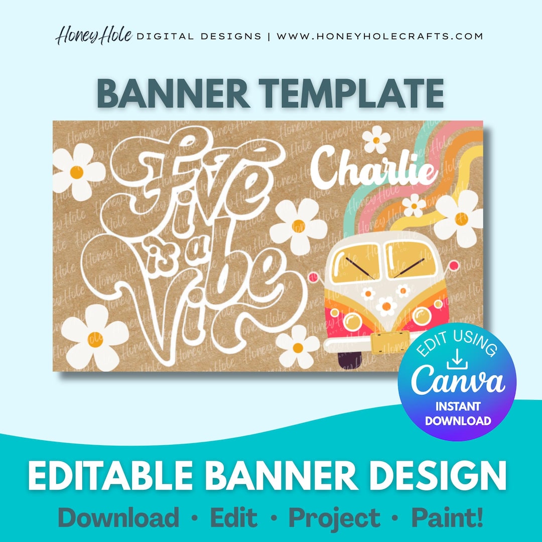 Five is Vibe Birthday Banner Template | Peace, Love, Groovy Rainbow ...