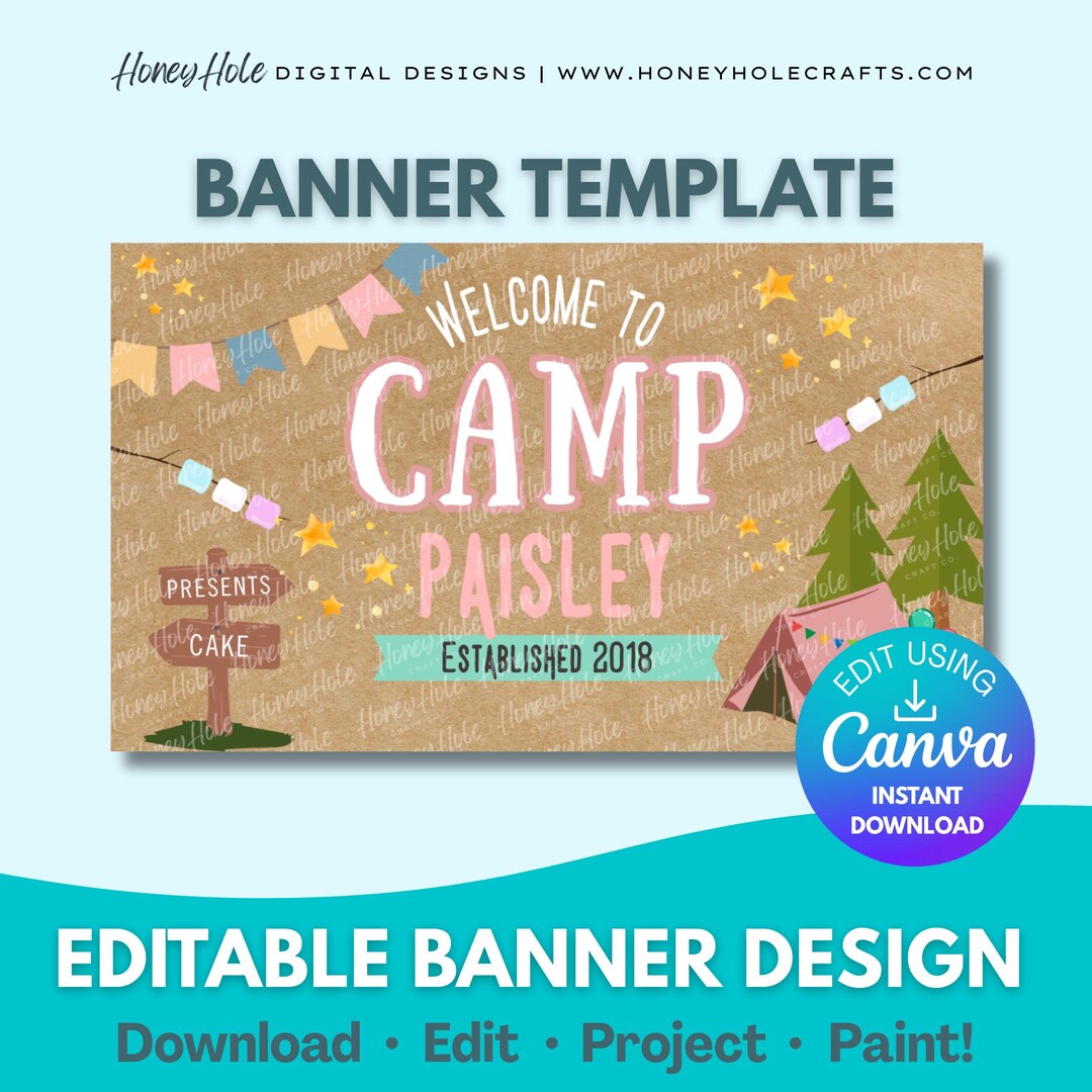Girl's Camping Birthday Banner Template | Bonfire S'mores Party ...