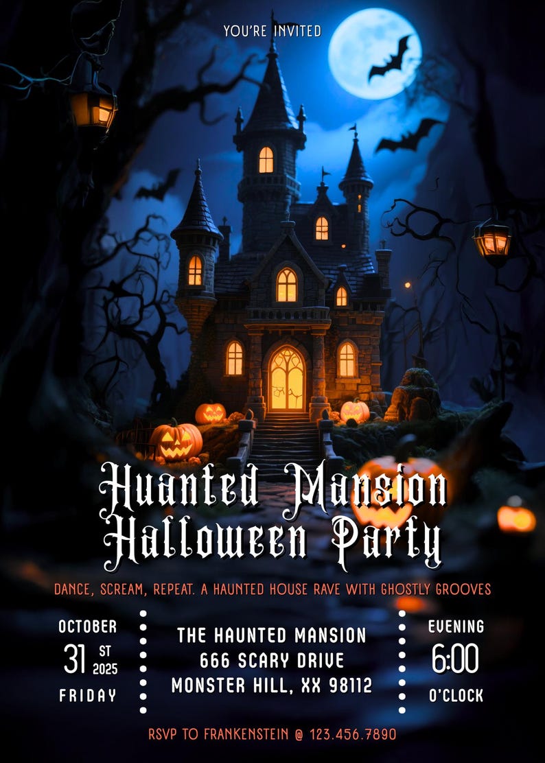 Haunted Mansion Halloween Party Invitation – Editable Canva Template ...