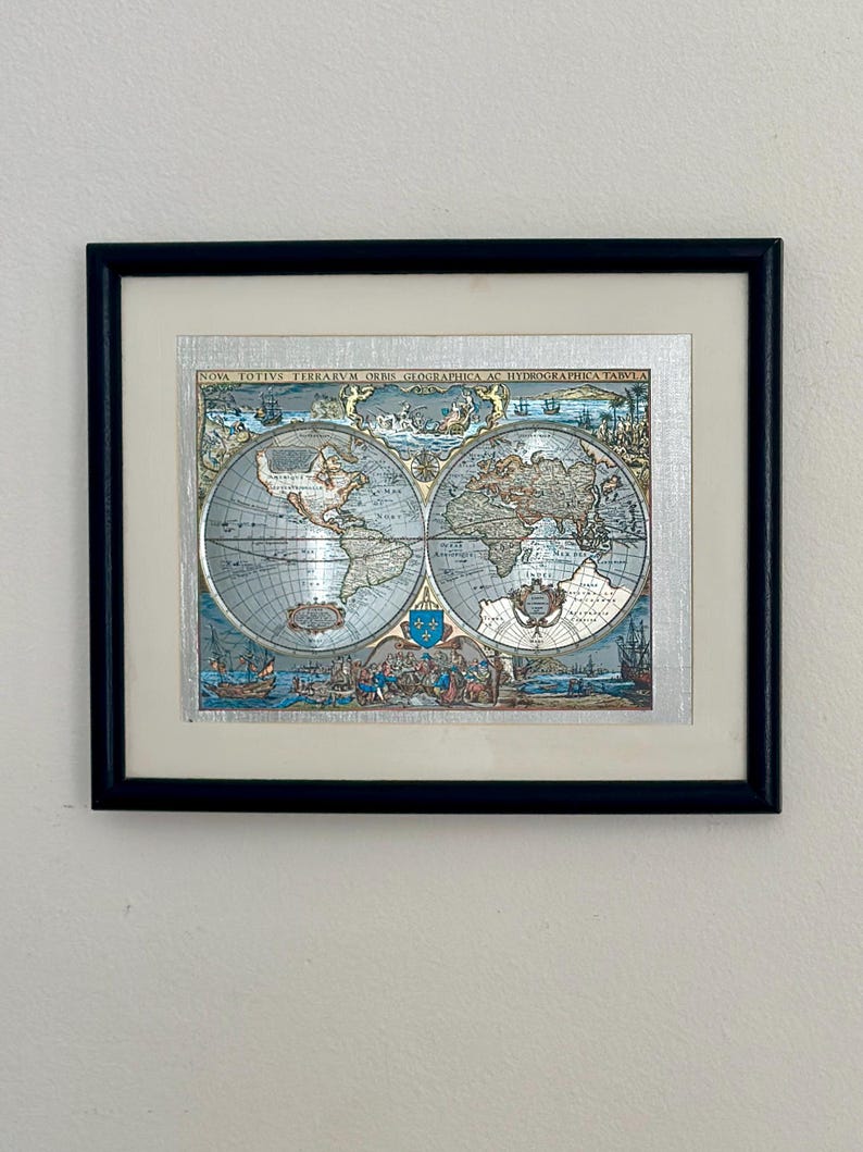 Vintage Framed Silver Foil World Map – Old-world Cartography Art Print ...