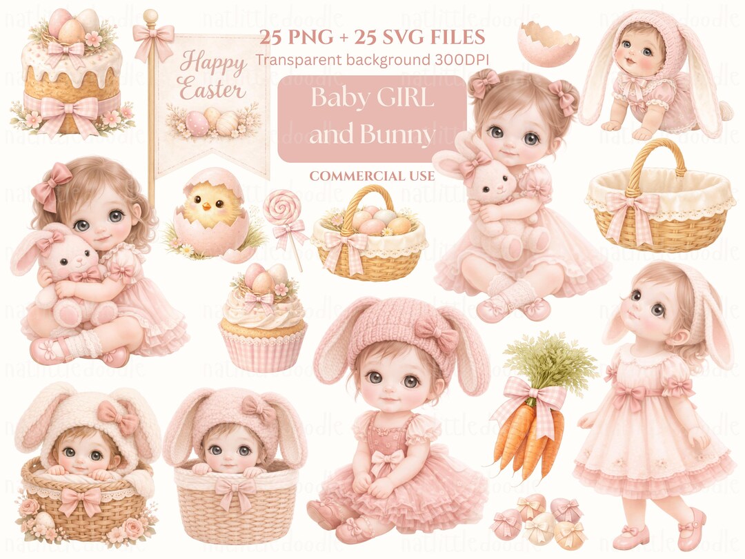 Baby Girls Bunny Easter Clipart: Pastel 25PNG SVG Bundle - Etsy