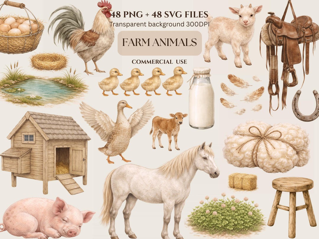 Farm Animals Clipart Bundle 48 PNG SVG Rustic Watercolour Commercial ...