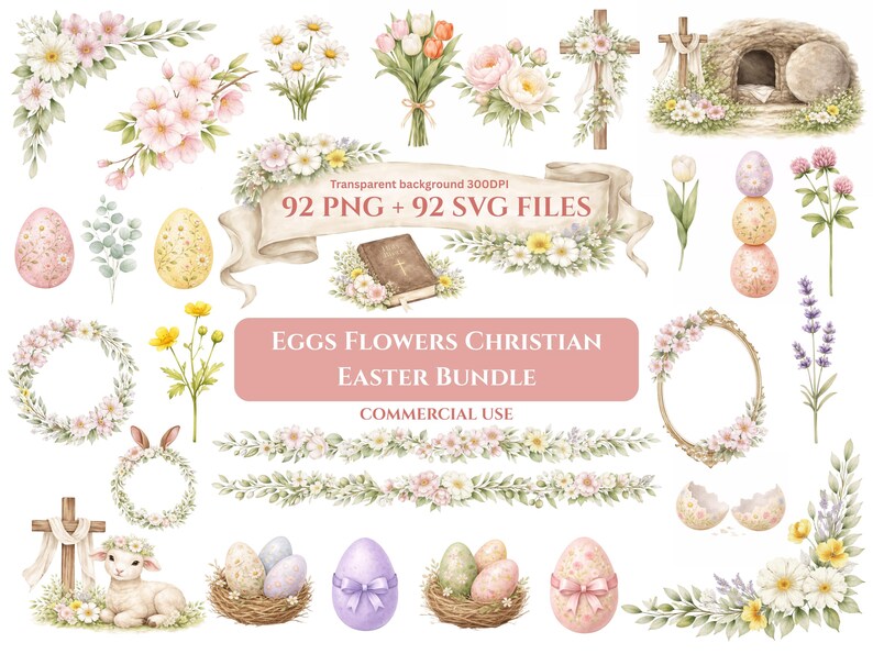 Easter Clipart PNG SVG Bundle | Commercial Use Spring Eggs Flowers ...