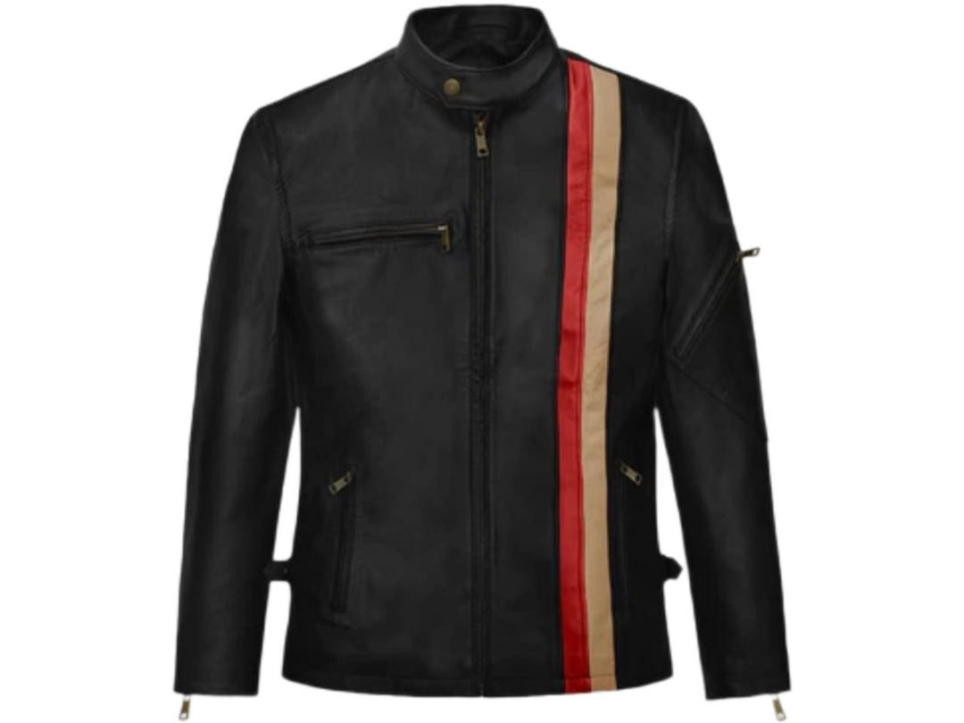 Vintage Black Leather Racer Jacket: Retro Striped Motorcycle Coat - Etsy