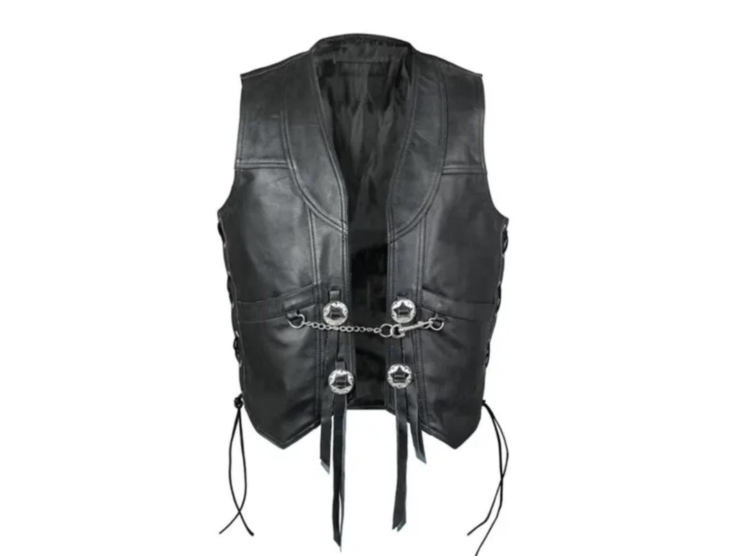 Mens Black Leather Biker Vest Chain Style Waistcoat Motorcycle Riding ...