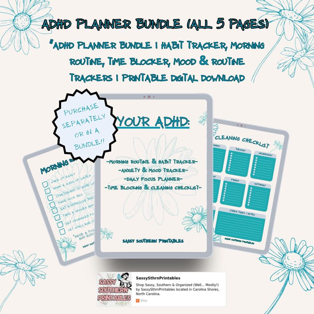 ADHD Planner Bundle: Habit & Mood Trackers, Time Blocking (digital ...