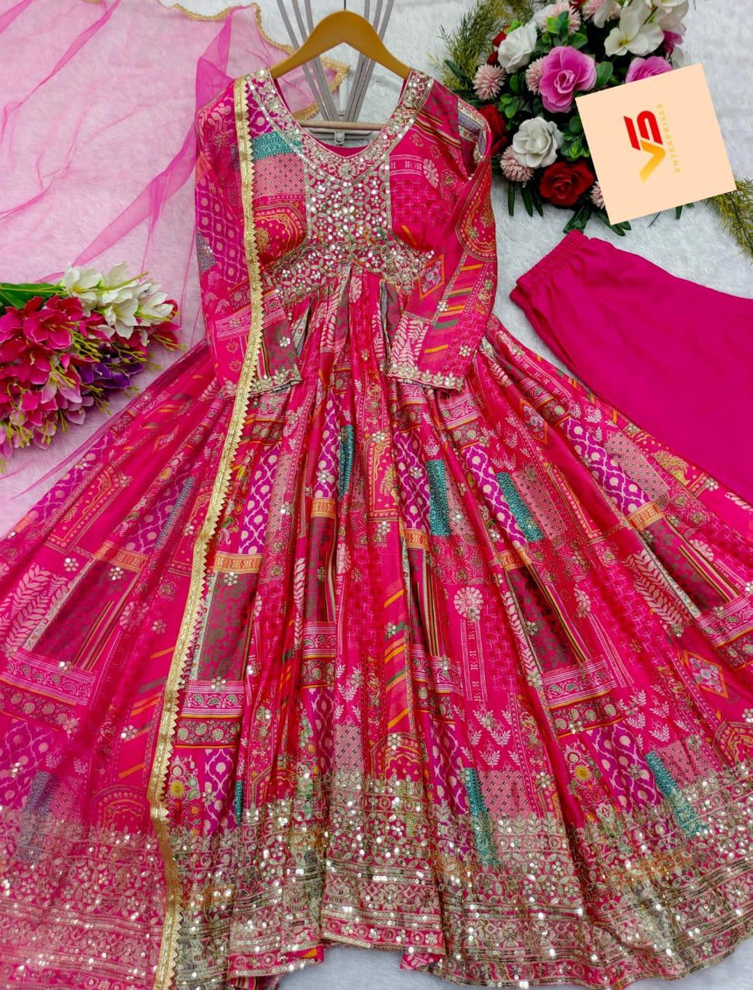 Printed Anarkali Gown Suit: Embroidered Alia Cut Indian Dress - Etsy