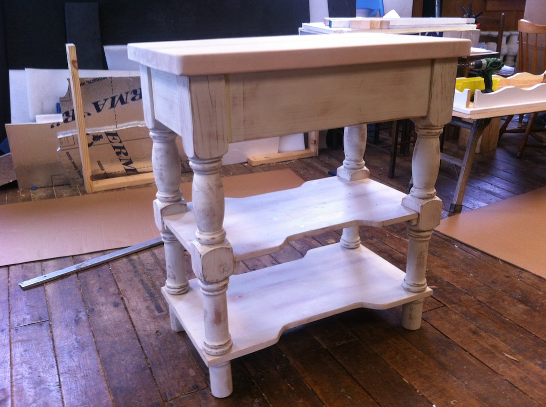 Small Distressed Ivory Kitchen Island 2 Inch Maple Top Beautiful Hand ...