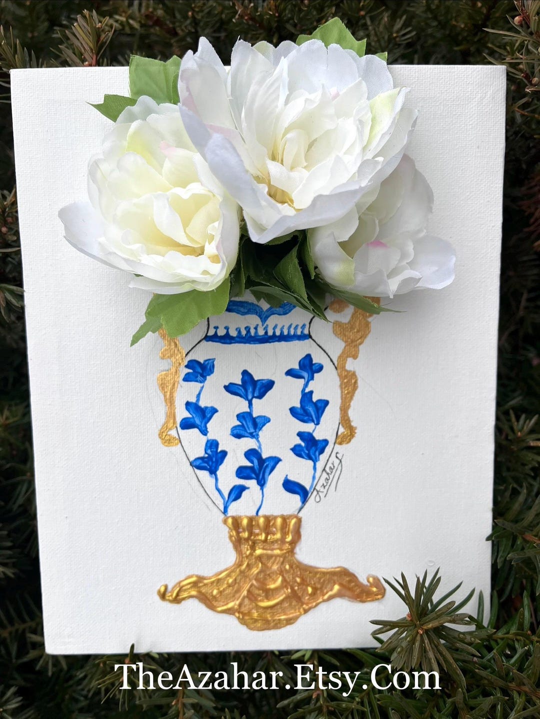 Hand-painted Spanish Vase With White Peonies – Acrylic Floral Art on ...