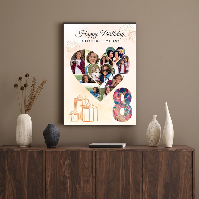 Editable 8th Birthday Photo Collage Poster – Heart Shape Design ...