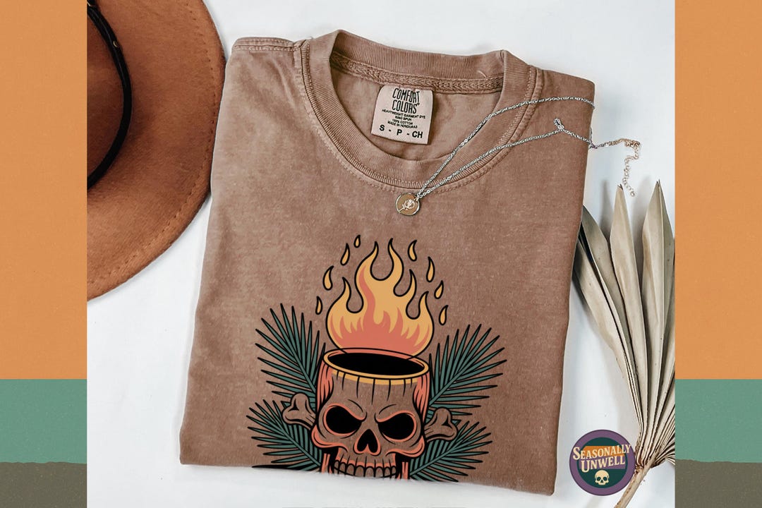 Flaming Tiki Skull Island Shirt | Comfort Colors Summerween Beach Goth ...