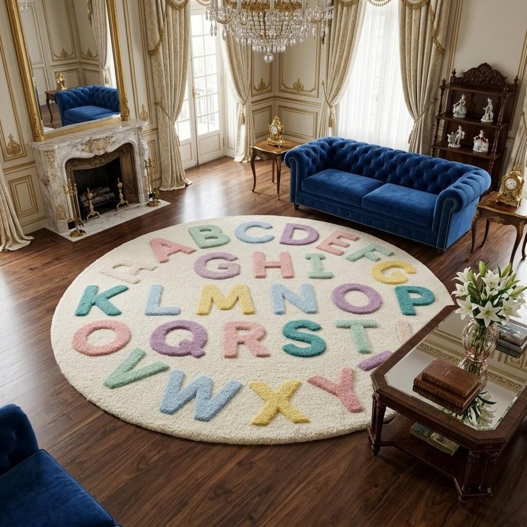 Kids Alphabet Round Rug – Soft Plush ABC Nursery Carpet, Educational ...