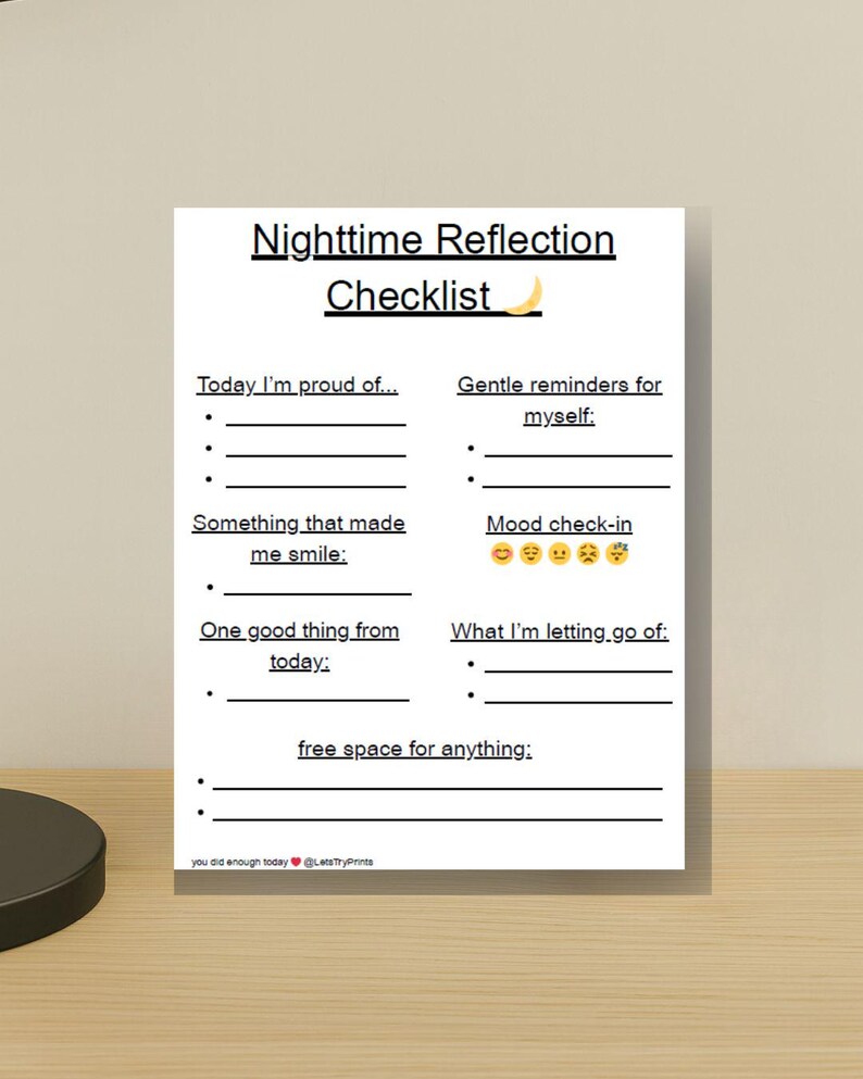 Nighttime Reflection Checklist Printable | Black & White Self-care ...