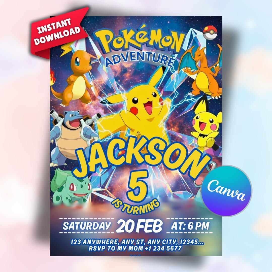 Pokemon Birthday Invitation Card | Editable Canva Template | Printable ...