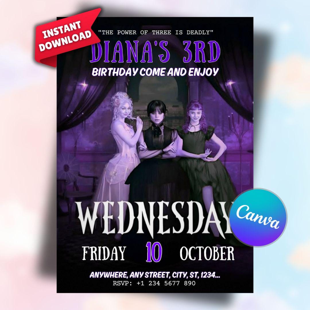 Wednesday Addams Birthday Invitation | Spooky Halloween Party Invite ...