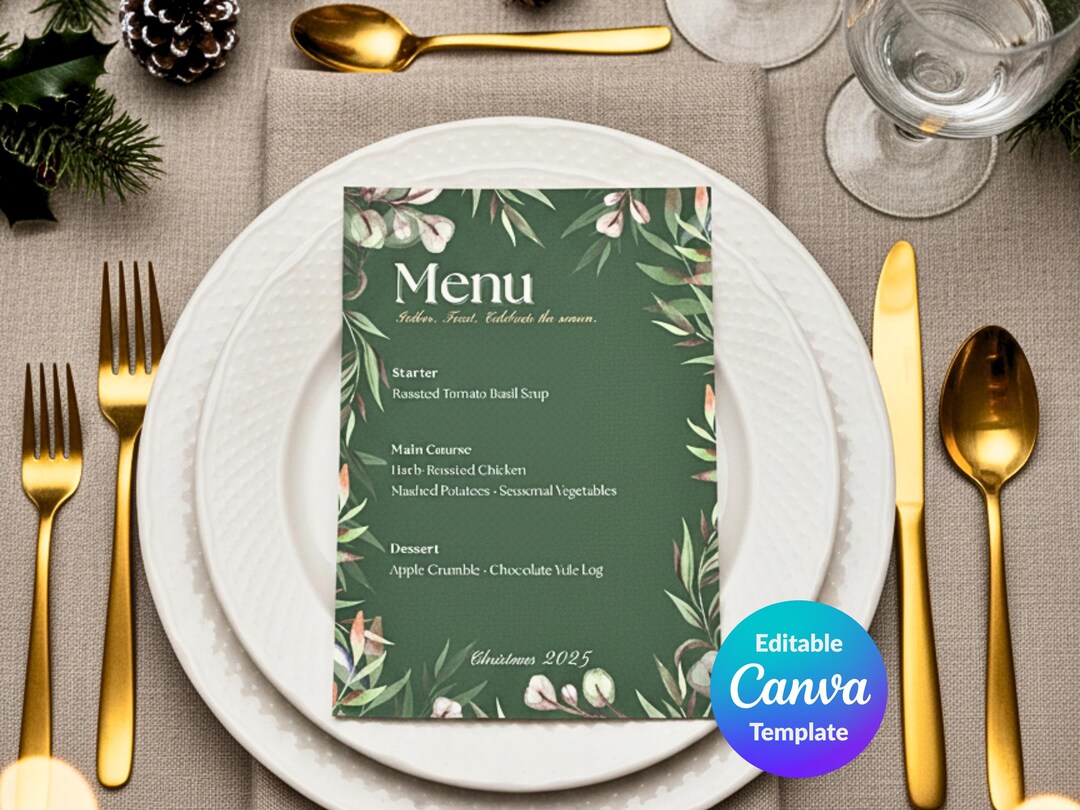 Rustic Evergreen Christmas Menu Template | Editable Boho Holiday Dinner ...
