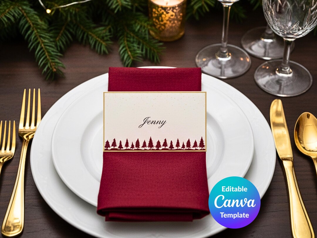 Crimson Ember Christmas Name Place Card | Editable Holiday Name Tag ...