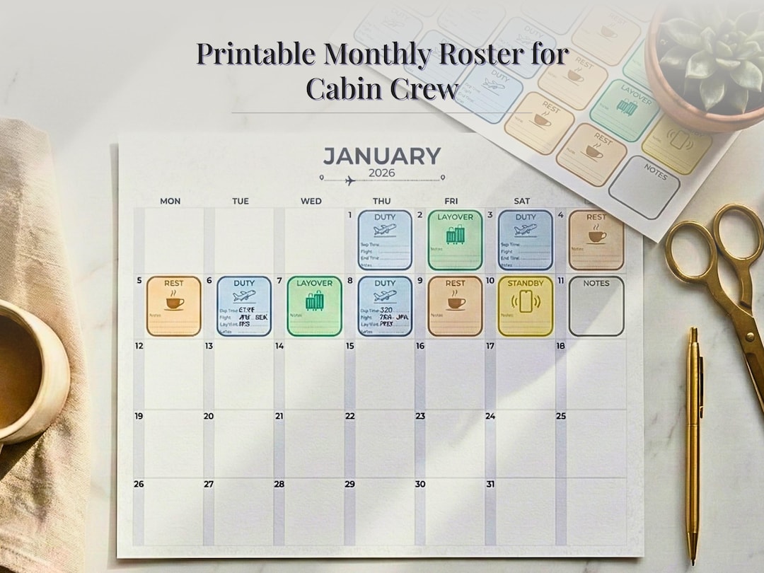 Printable Monthly Roster for Cabin Crew | Flight Attendant Calendar ...