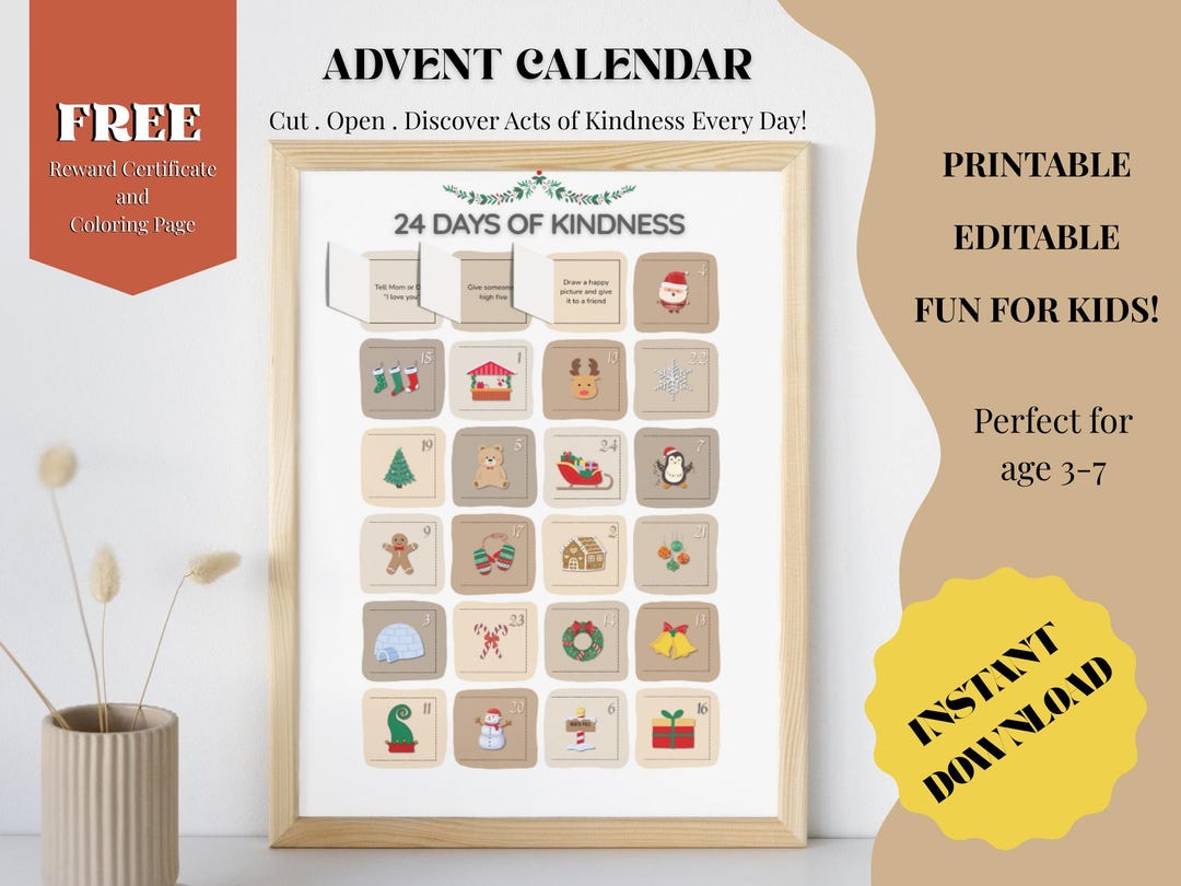 Printable Kindness Advent Calendar for Kids/christmas Countdown ...