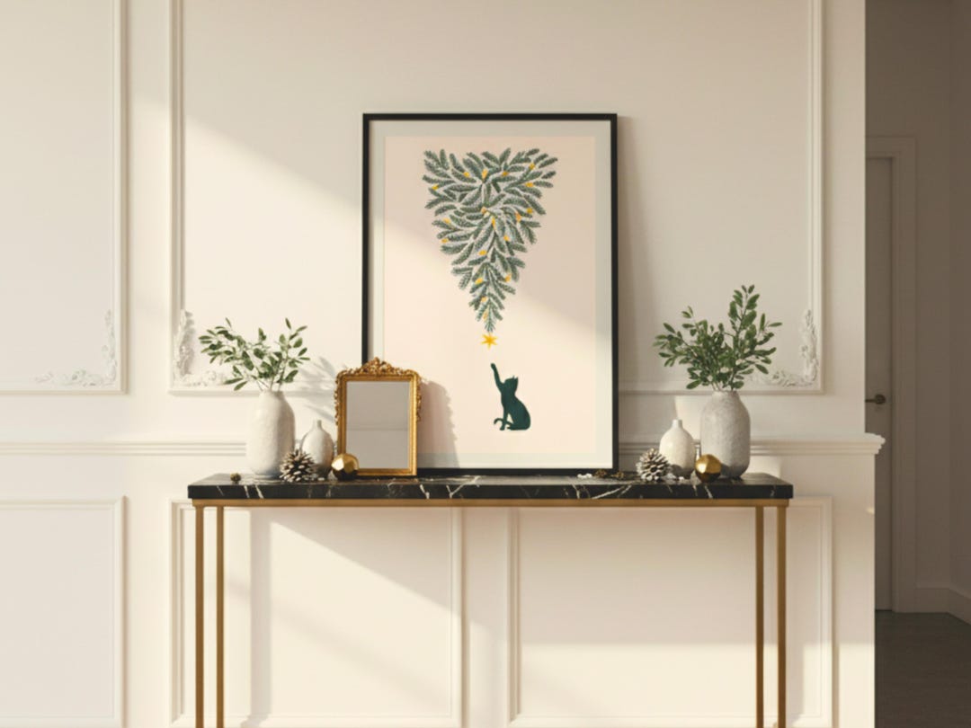 Mischief Cat Christmas Tree Art Print: Whimsical Holiday Decor (digital ...