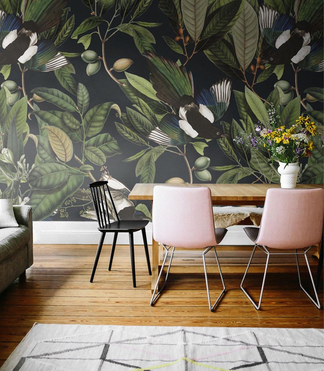 Magpie Wallpaper Mural: Botanical Bird & Leaf Pattern - Black ...