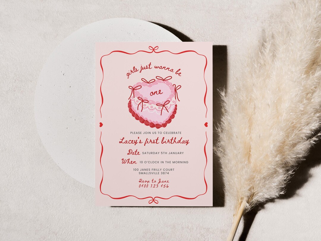 Girls Just Wanna Be One – Pink Cake 1st Birthday Invitation | Editable ...