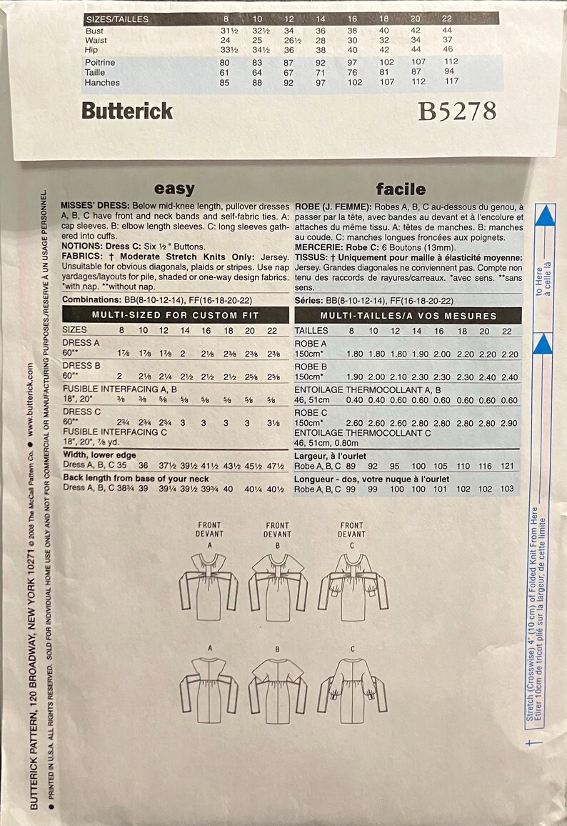 Butterick B 5278 / Misses Dress / Size BB 8, 10, 12, 14 / New / Uncut ...