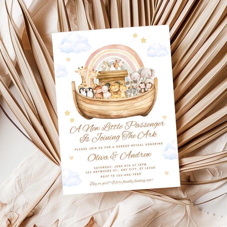 Gender Reveal Party Baptism Invitation Template, Noahs Ark Boy or Girl ...