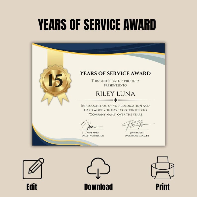 Editable Employee Years of Service Award Certificate Canva Template ...