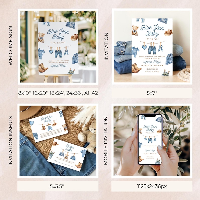 Blue Jean Baby Shower Bundle, Editable Printable Canva Templates ...
