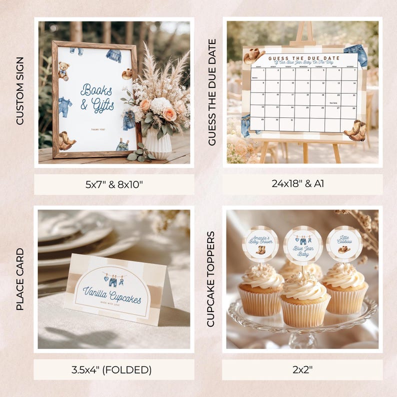 Blue Jean Baby Shower Bundle, Editable Printable Canva Templates ...