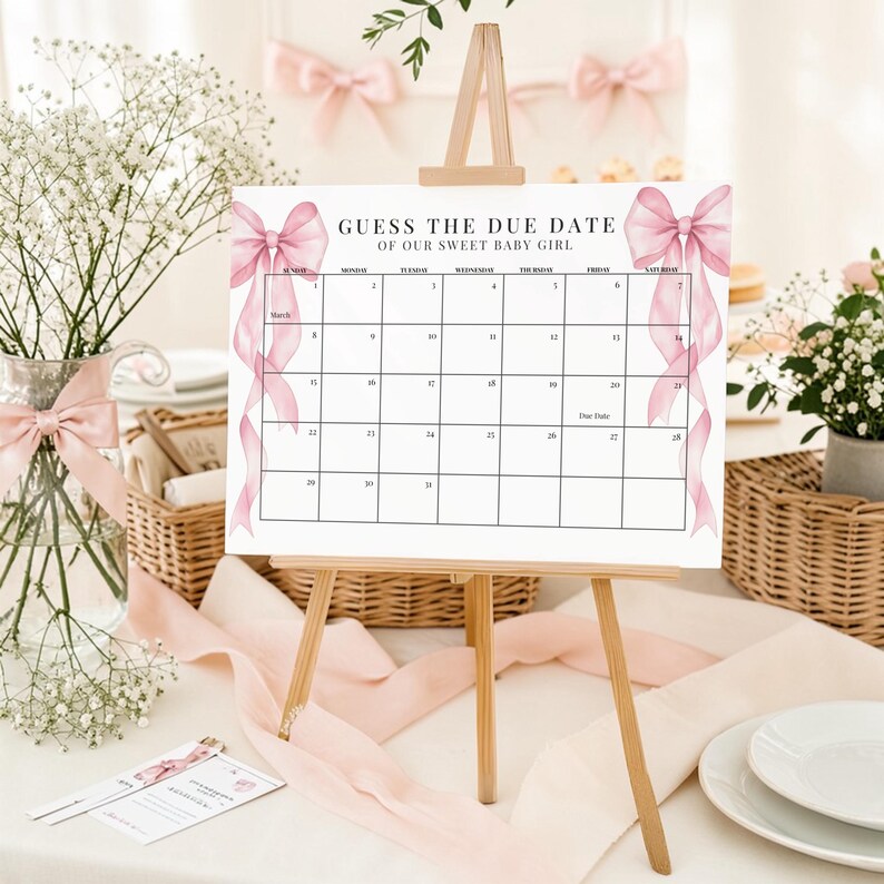 Pink Bow Baby Shower Due Date Calendar Game Sign (editable Canva ...