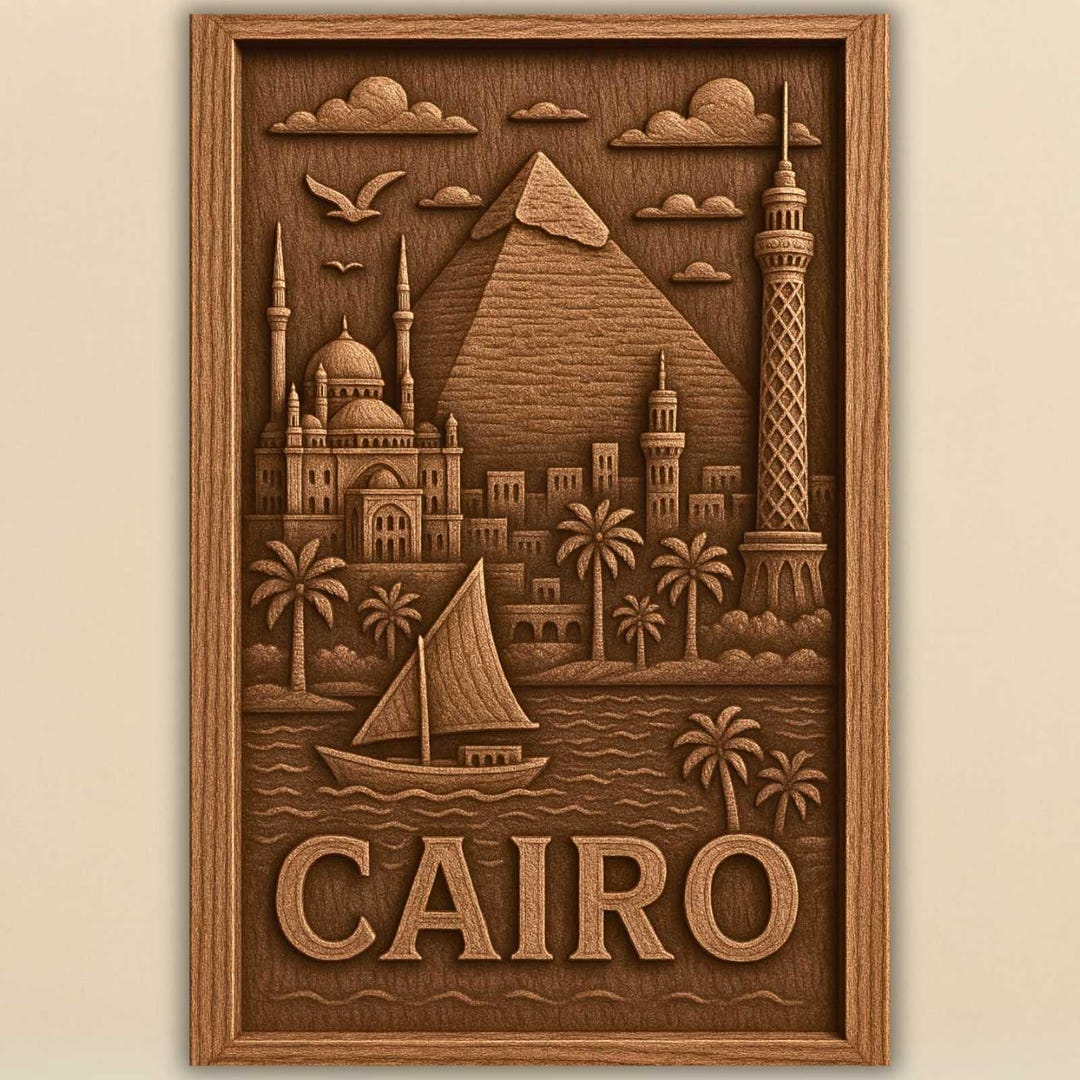 Cairo Egypt Landmark Wood Carving: Pyramid, Mosque, Nile Scene (STL ...