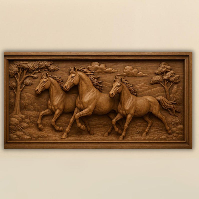 Wild Horses STL File for CNC | 3D Relief Panel for Wood Carving & Laser ...