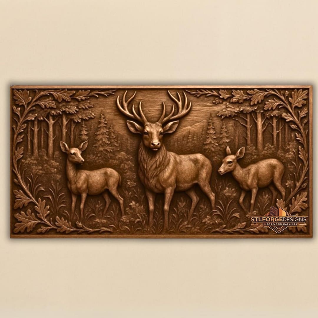 Deer Family STL File – Stag & Wildlife Forest 3D Relief Model | CNC ...