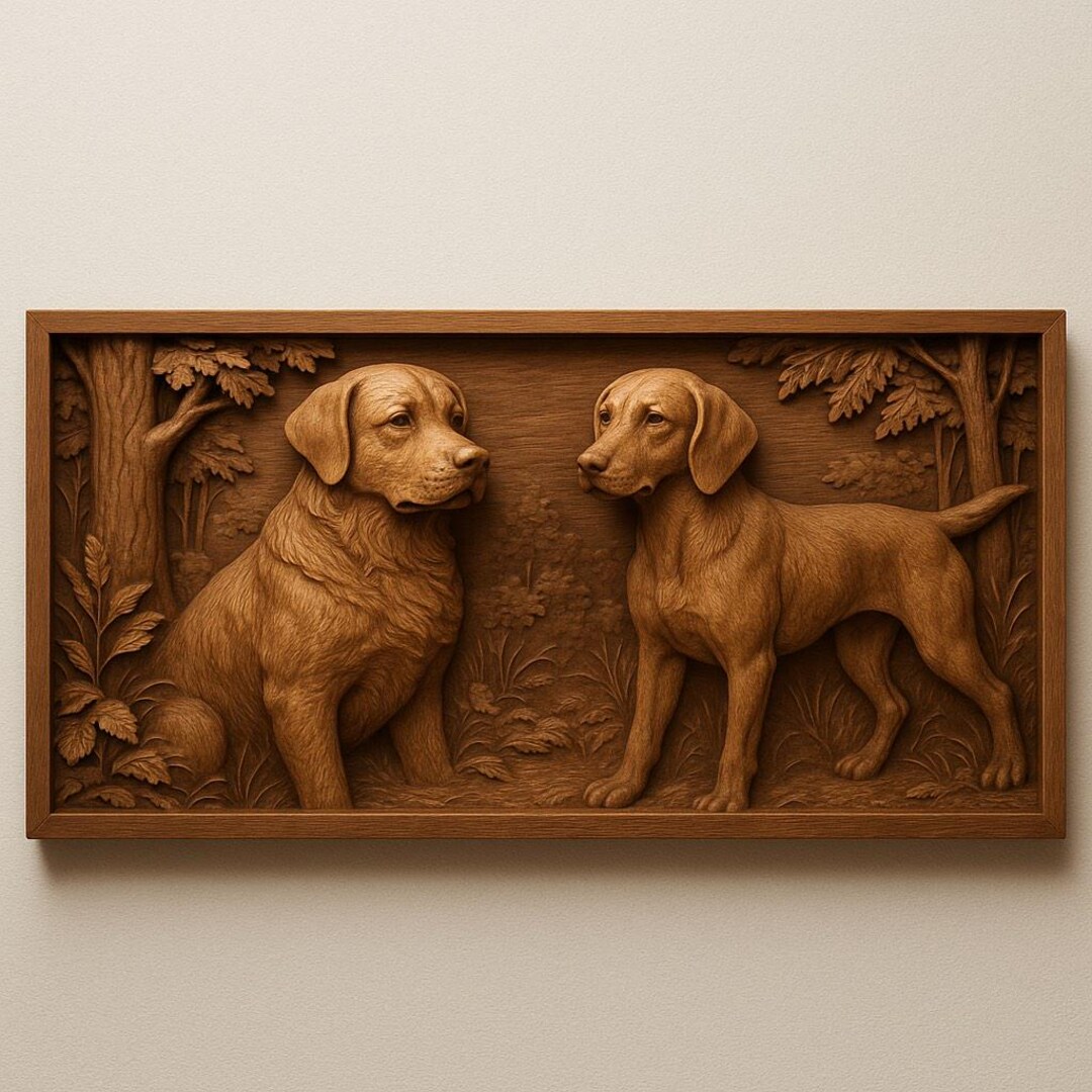 Dog STL File – 3D Relief Model of Two Dogs in Forest | CNC Router Pet ...