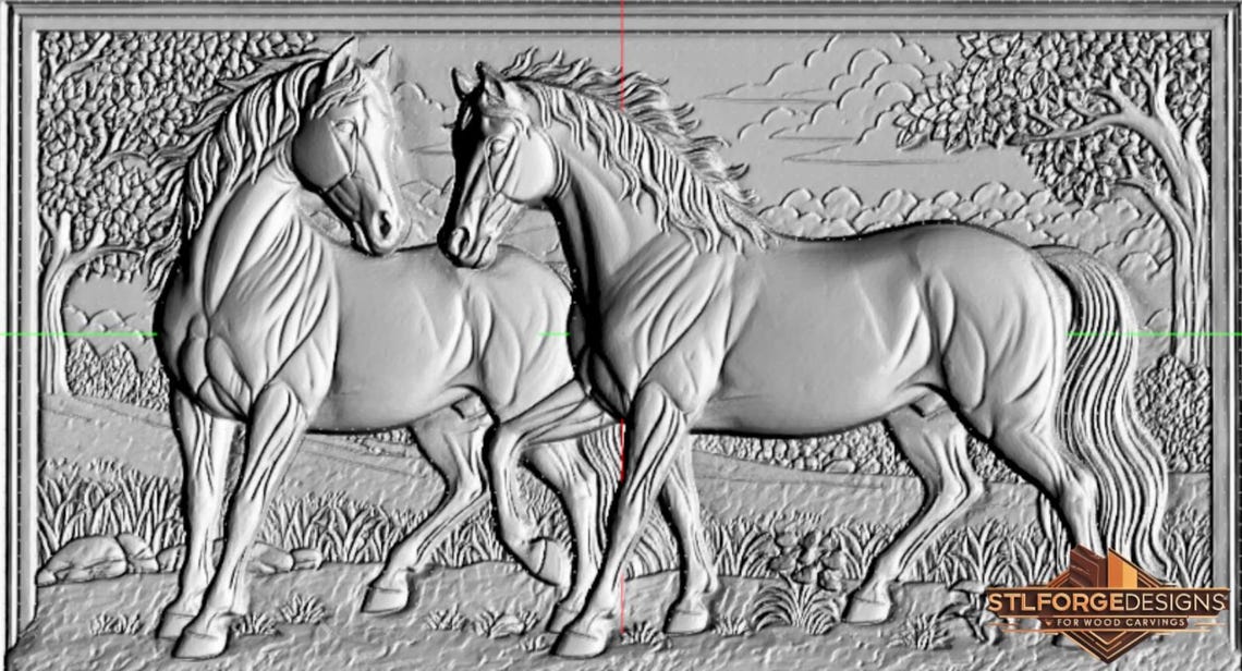 Horse STL File – Two Horses in Nature 3D Relief Model for CNC Router ...