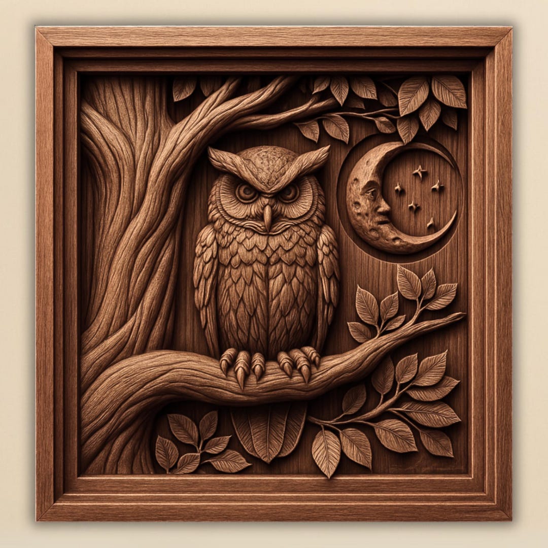 Rustic Owl Wood Carving STL File CNC Relief Wall Art Handcrafted Animal ...