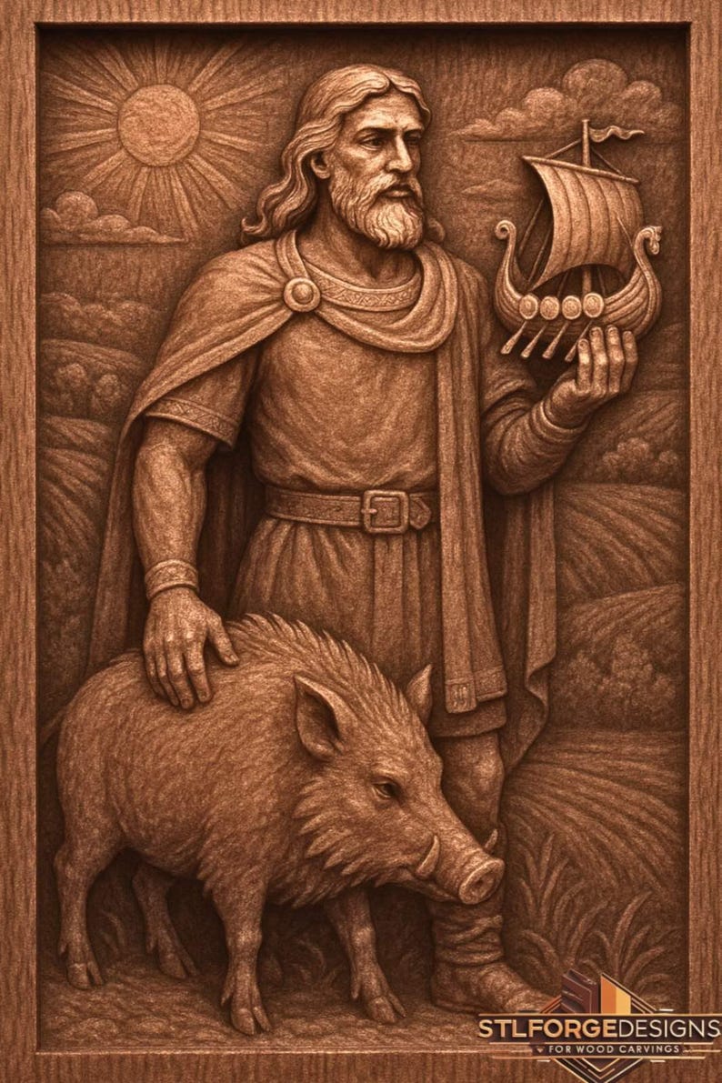 Freyr Norse God STL | Viking Relief With Boar & Longship | CNC Wood ...
