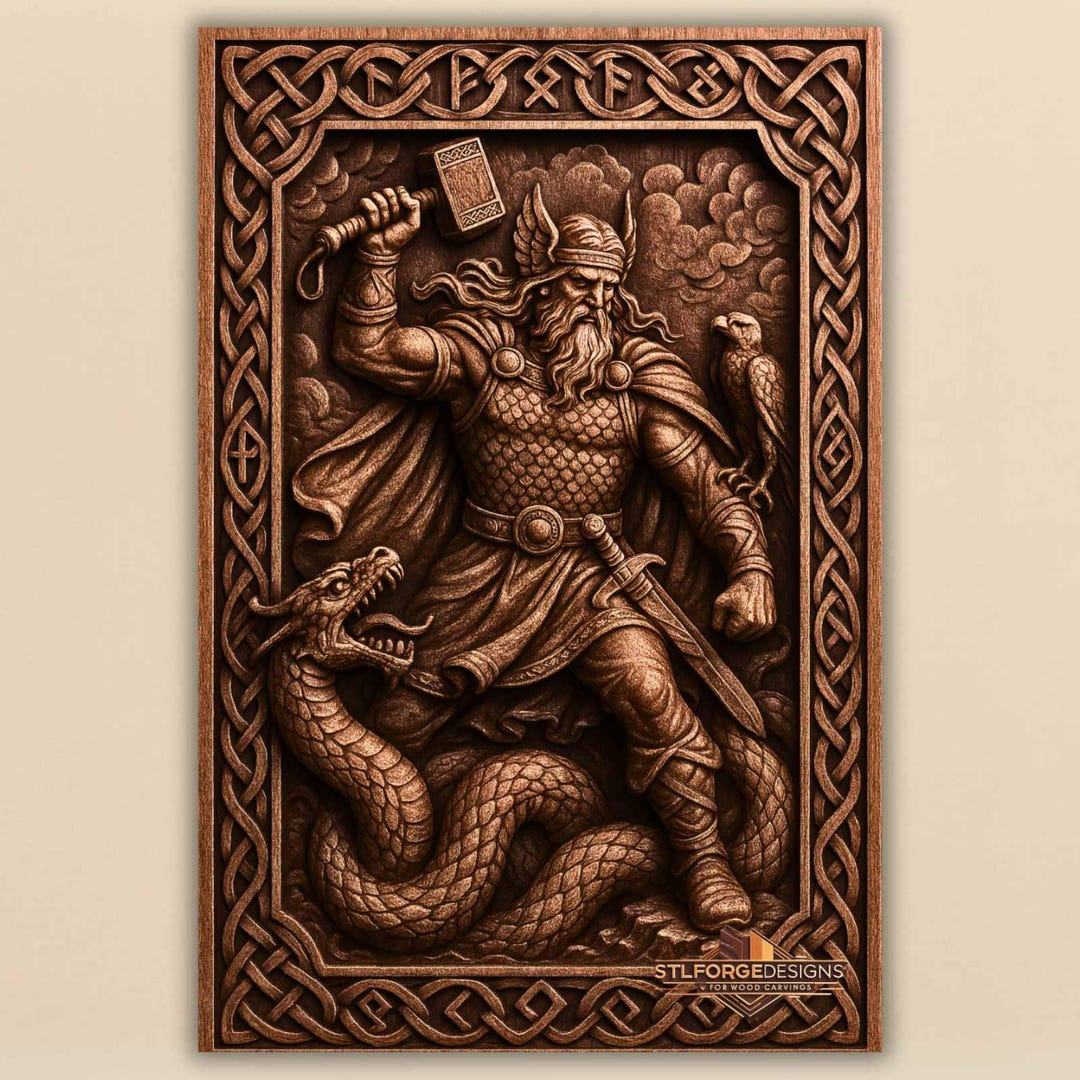 Thor Vs Serpent STL | Viking CNC Relief | Norse Mythology Carving ...