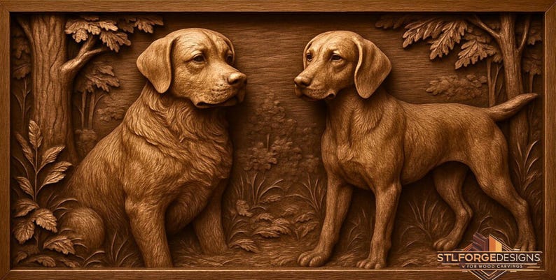 Dog STL File – 3D Relief Model of Two Dogs in Forest | CNC Router Pet ...