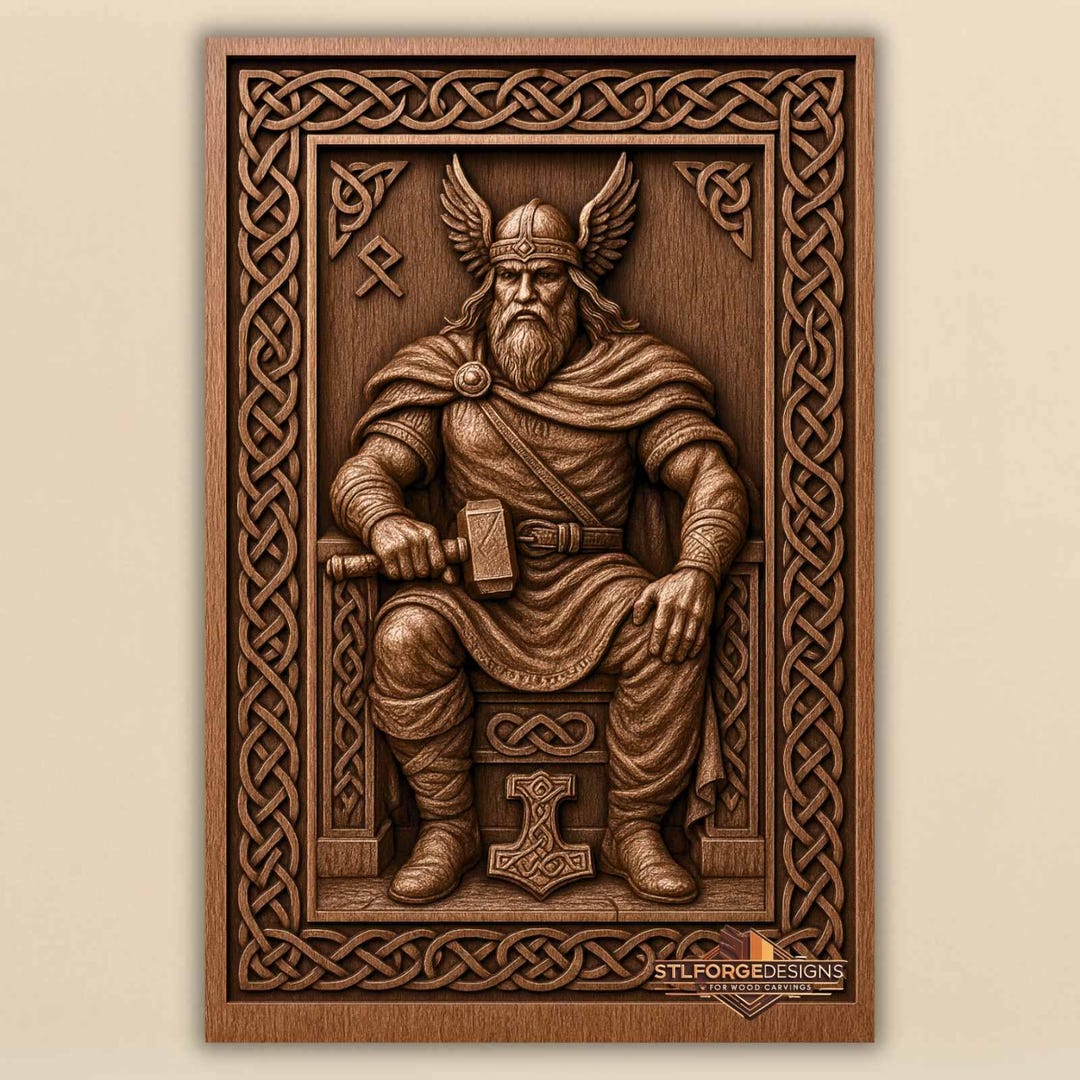 Thor Viking Bas Relief STL | Norse God Sitting Panel | Mjölnir Hammer ...