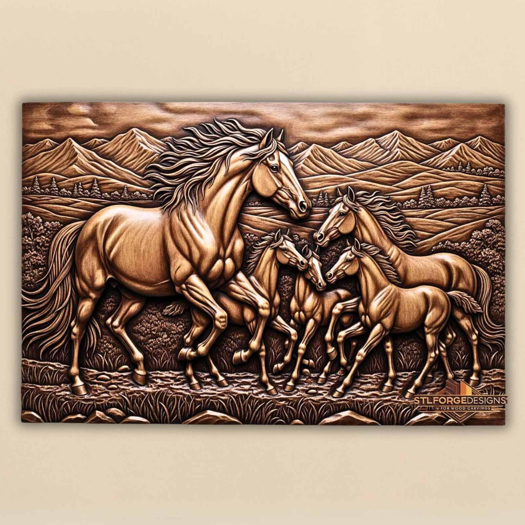 Running Horses 3D STL Relief | Wildlife CNC Router & Laser Engraving ...